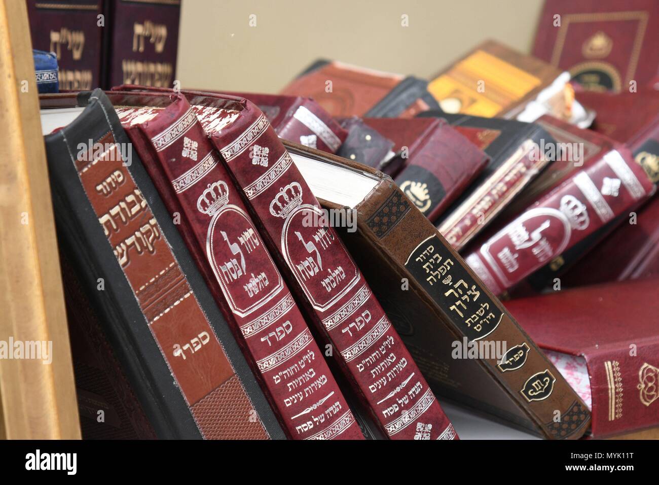 Hebrew Bibles, editions of the Torah, stand in a bookcase at the ...