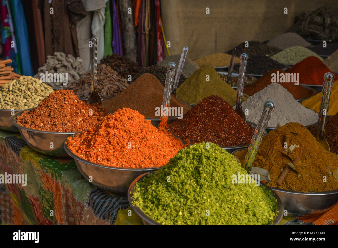 Indian colorful spices and tea at Anjuna flea market in Goa, India ...