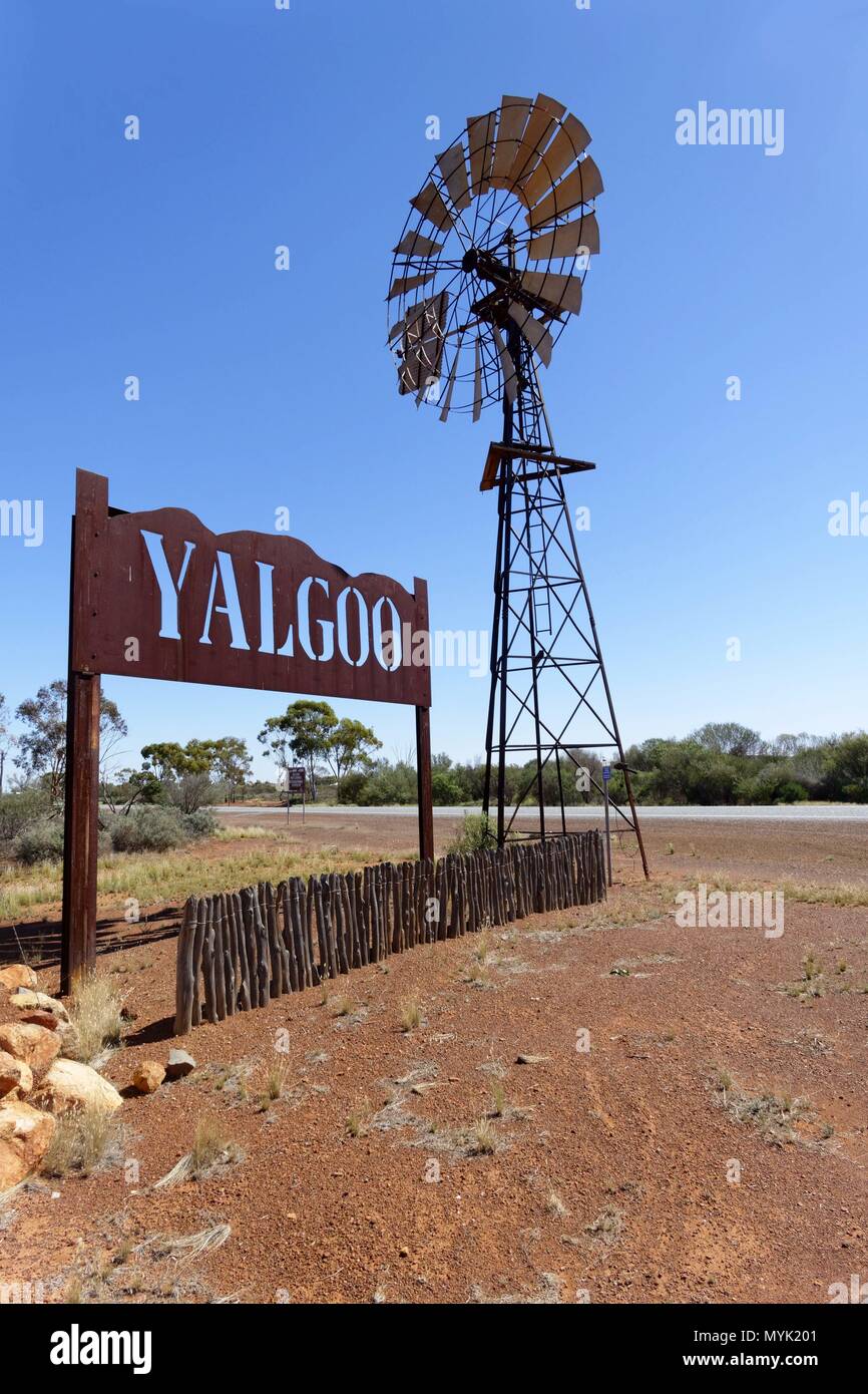 Yalgoo country town sign and windmill, Yalgoo, Western Australia ...