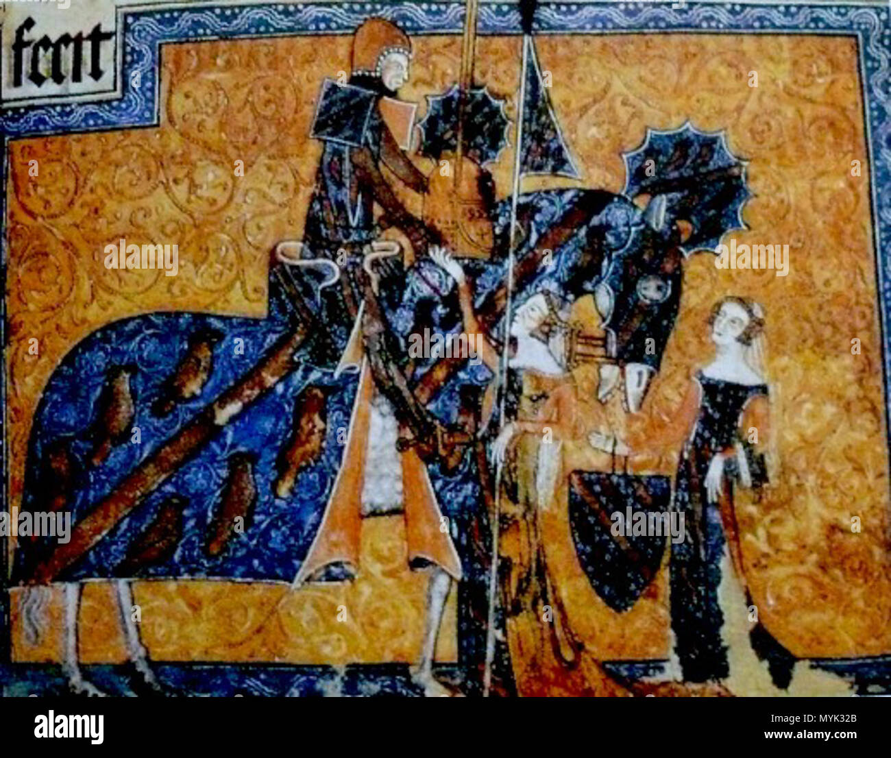 . English: Sir Geoffrey Luttrell, mounted, being assisted by his wife ...