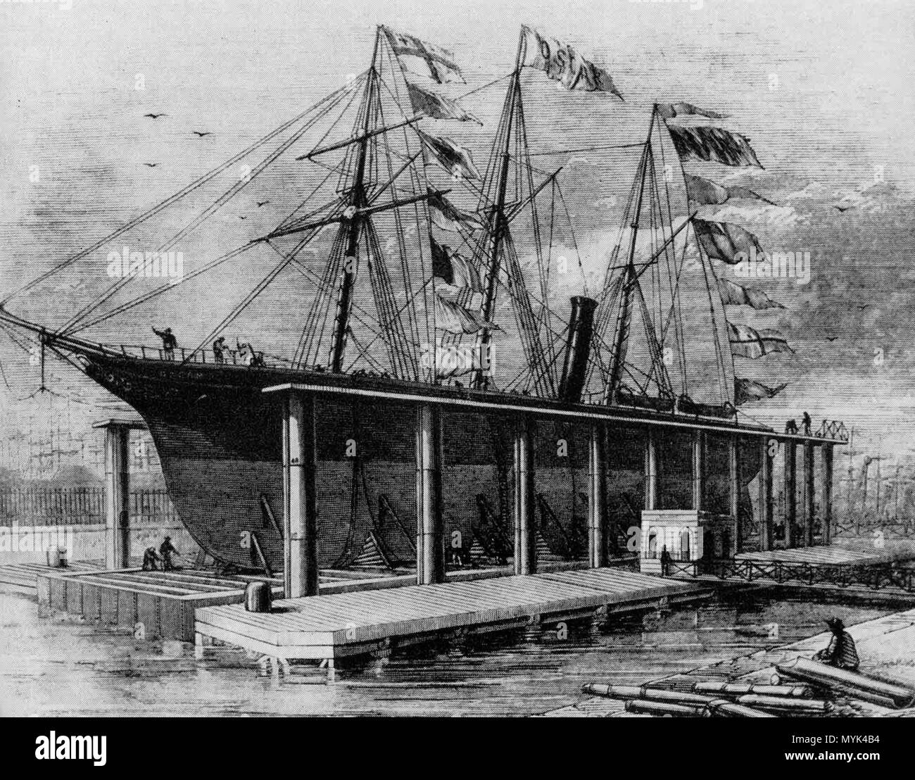 . Engraving of ship in docks, showing hydraulic lifting machinery ...