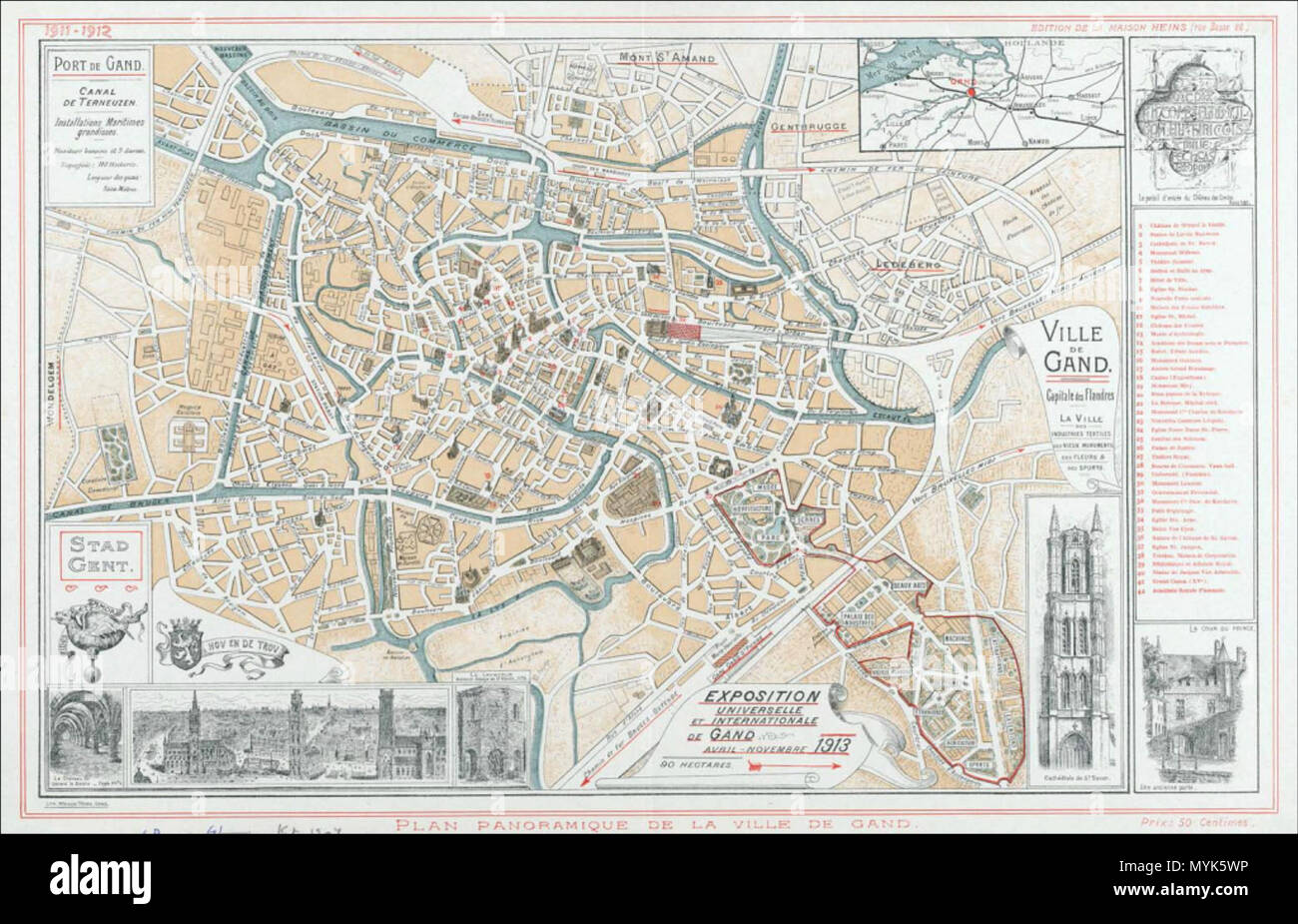 . English: Map of Ghent, 1911-1912 Plan panoramique de la ville de Gand ...