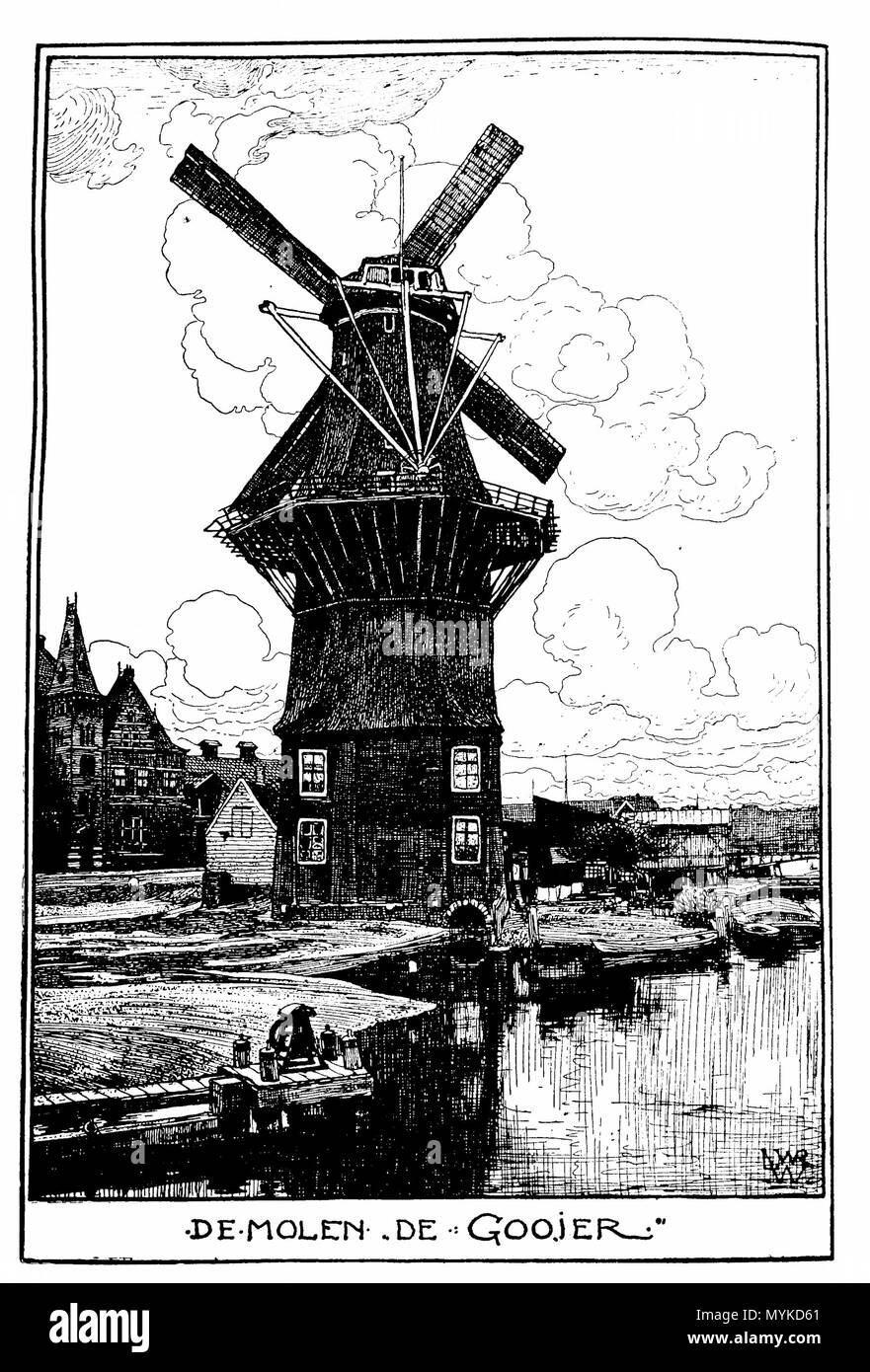 . English: Drawing by L.W.R. Wenckebach of the windmill De Gooyer in ...