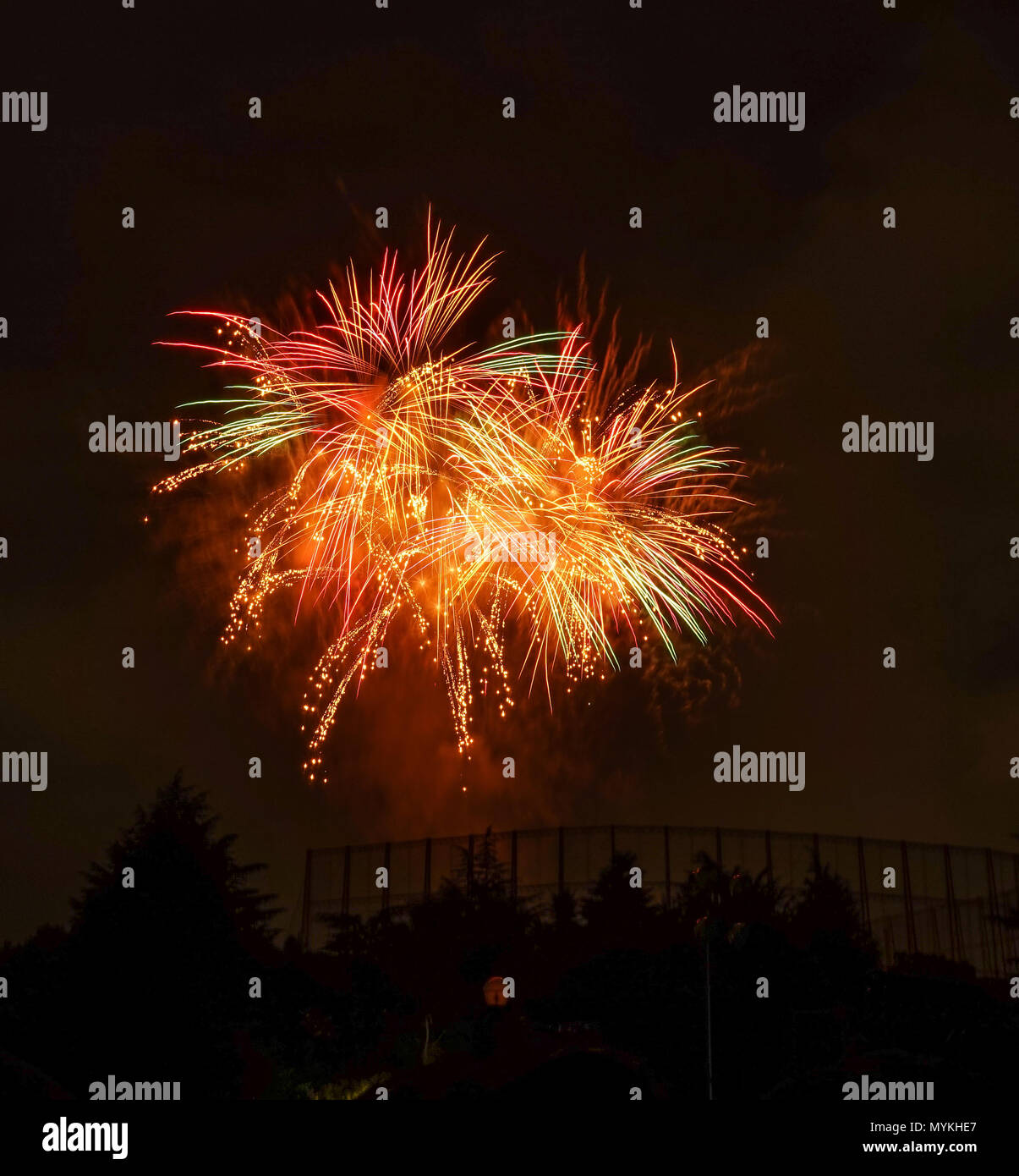 Beautiful colorful fireworks on dark sky in Kyoto, Japan Stock Photo ...