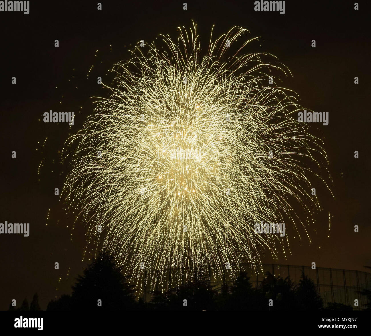Beautiful colorful fireworks on dark sky in Kyoto, Japan Stock Photo ...