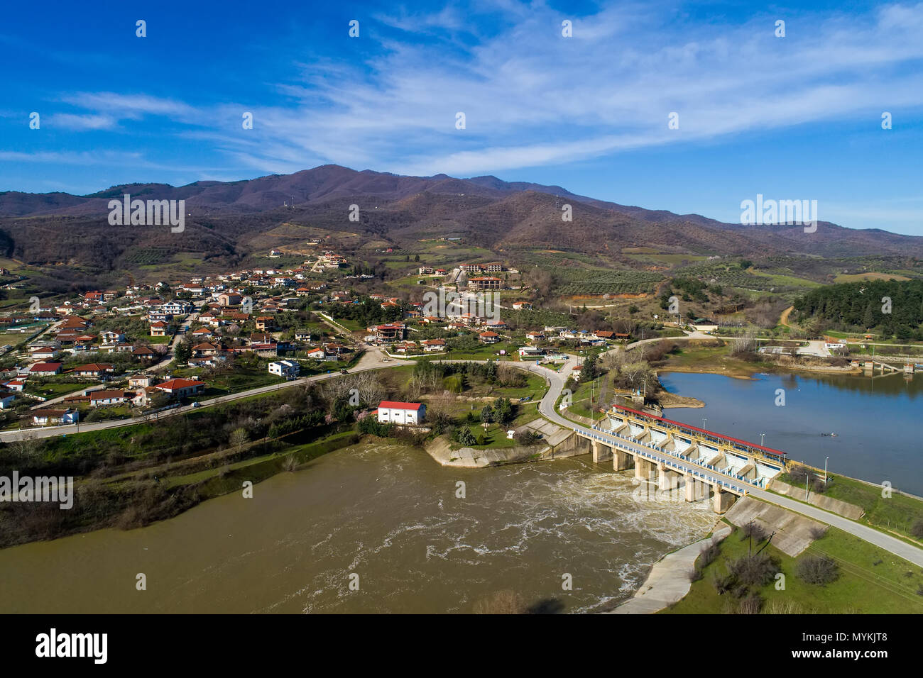 Aerial view of the artificial lake Kerkini and river Strymon with dam ...