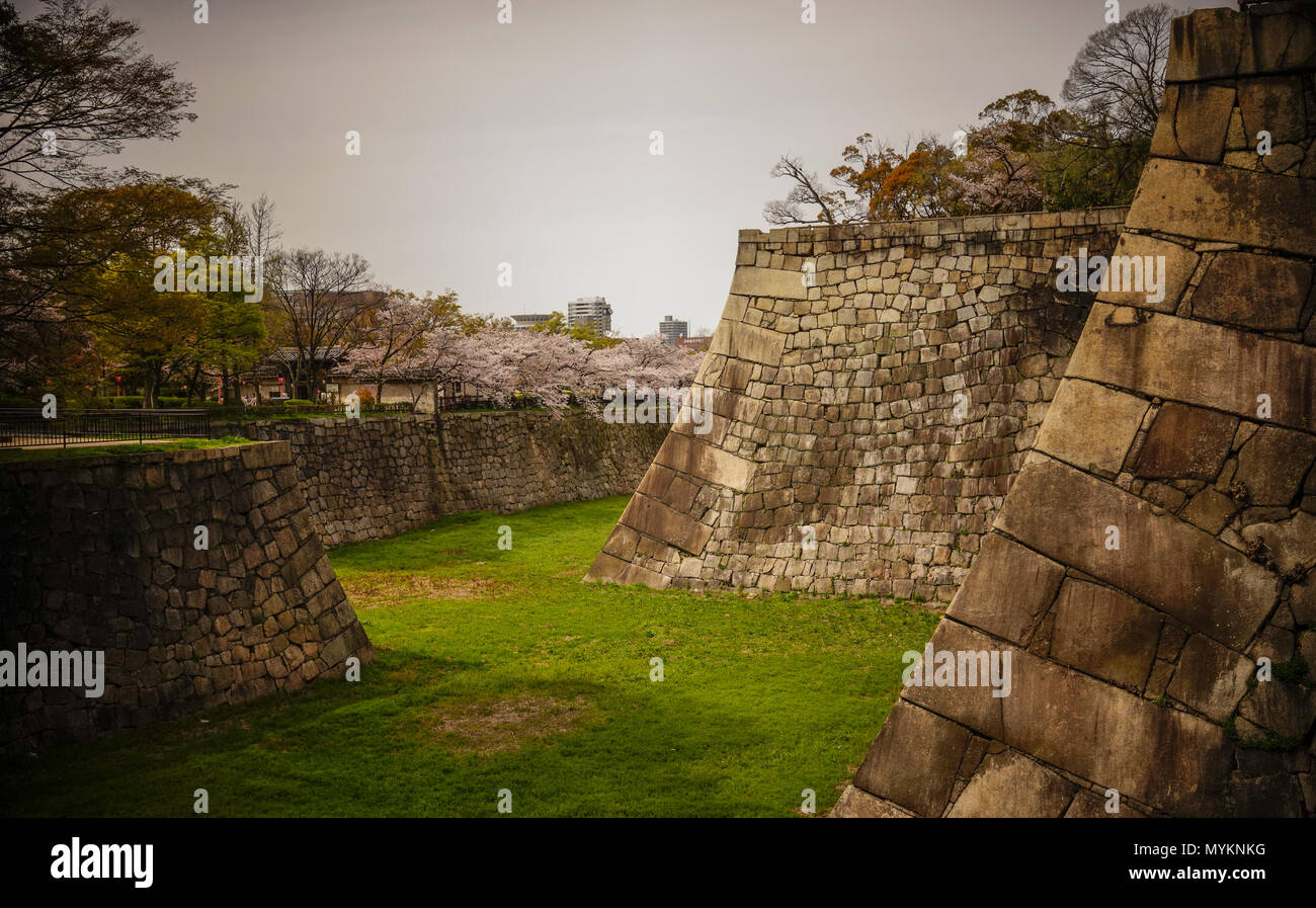 Osaka, Japan - Apr 7, 2014. Stone wall of Osaka Castle (Osakajo) in ...