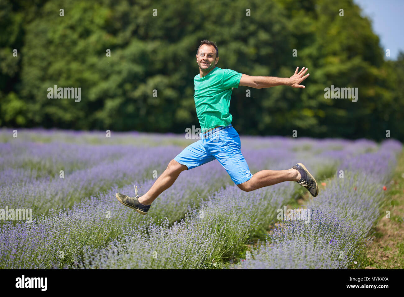 Happy farmer jumping for joy in his lavender plantation in a sunny day ...
