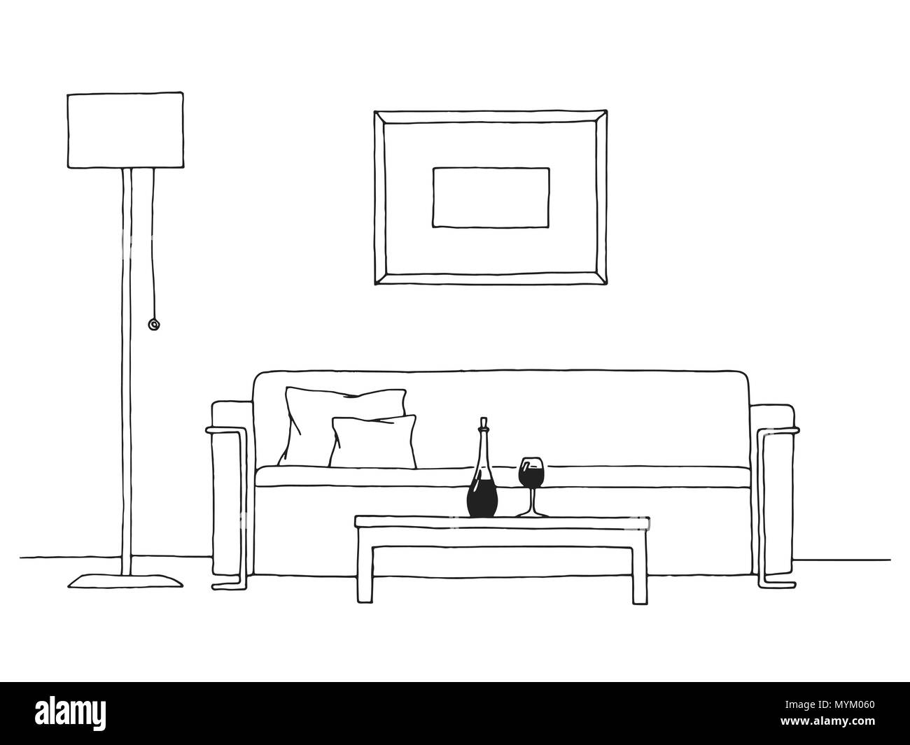 Linear sketch of an interior. Sofa, table, lamp and picture.Hand drawn ...