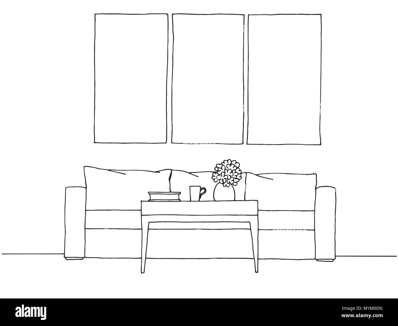 Linear sketch of an interior. Hand drawn vector illustration of a ...