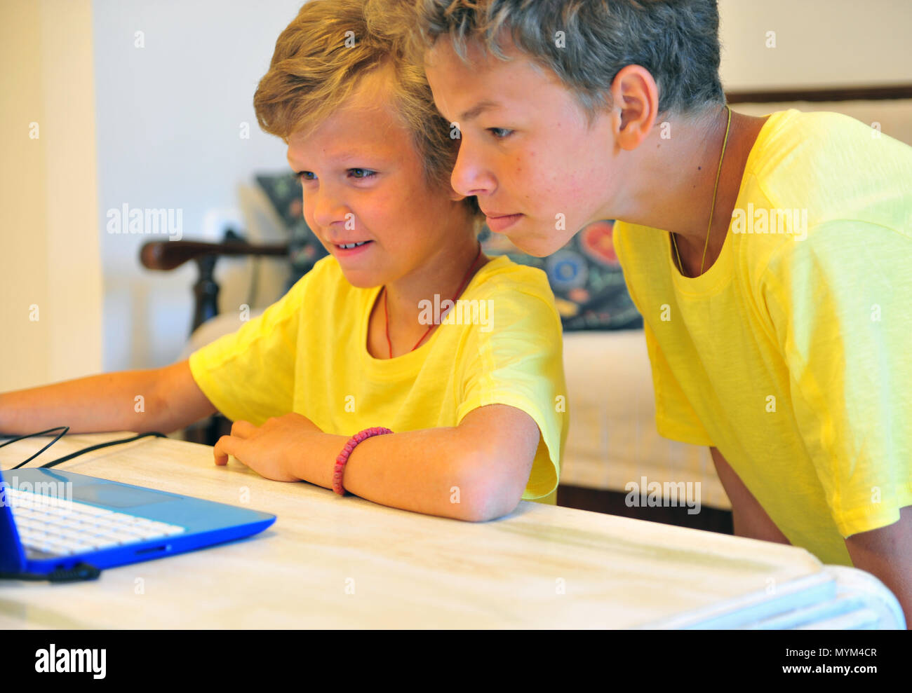 Two teenagers using pc at home Stock Photo - Alamy