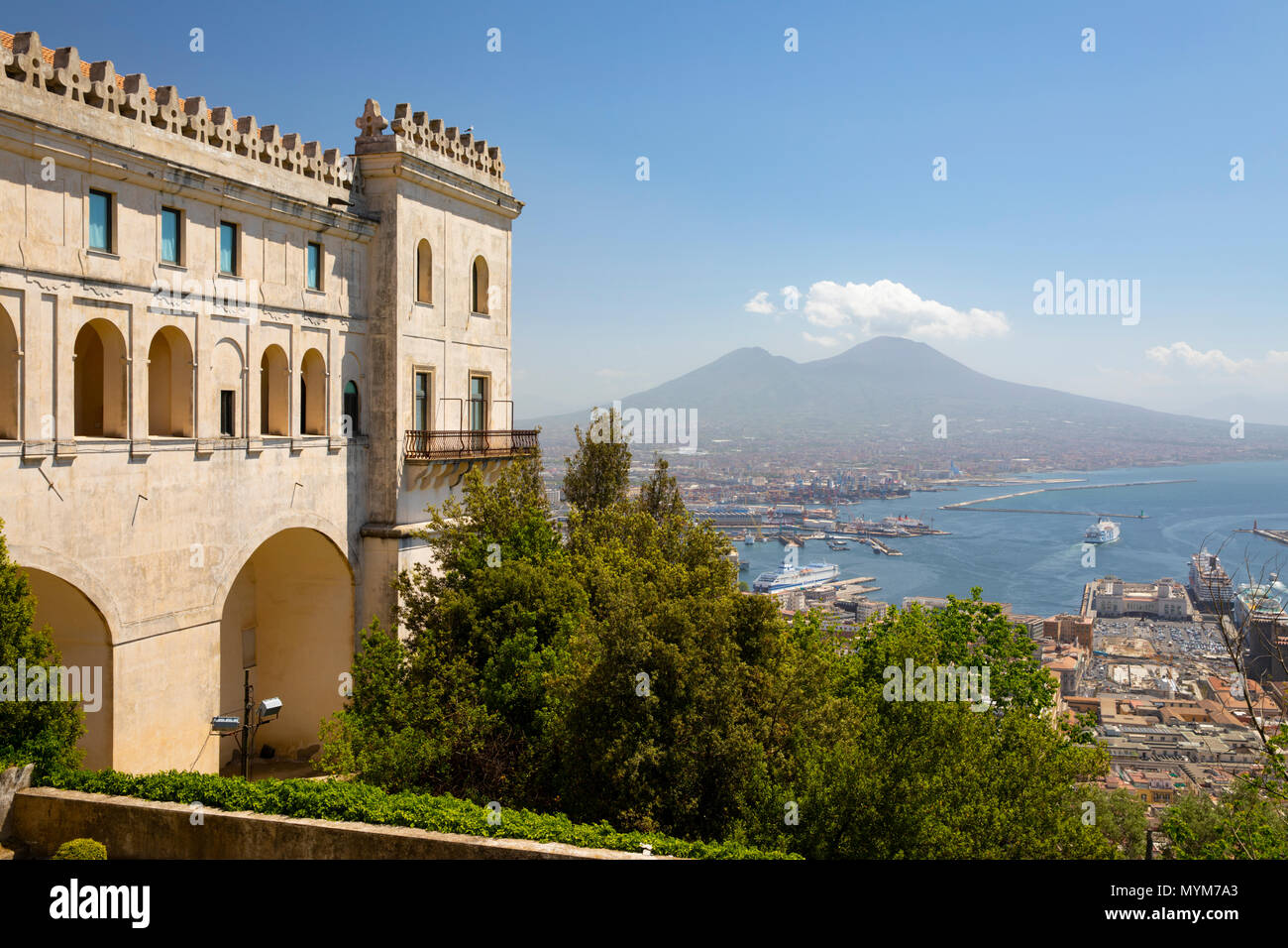 View over port and Mount Vesuvius from gardens of the Certosa di San ...