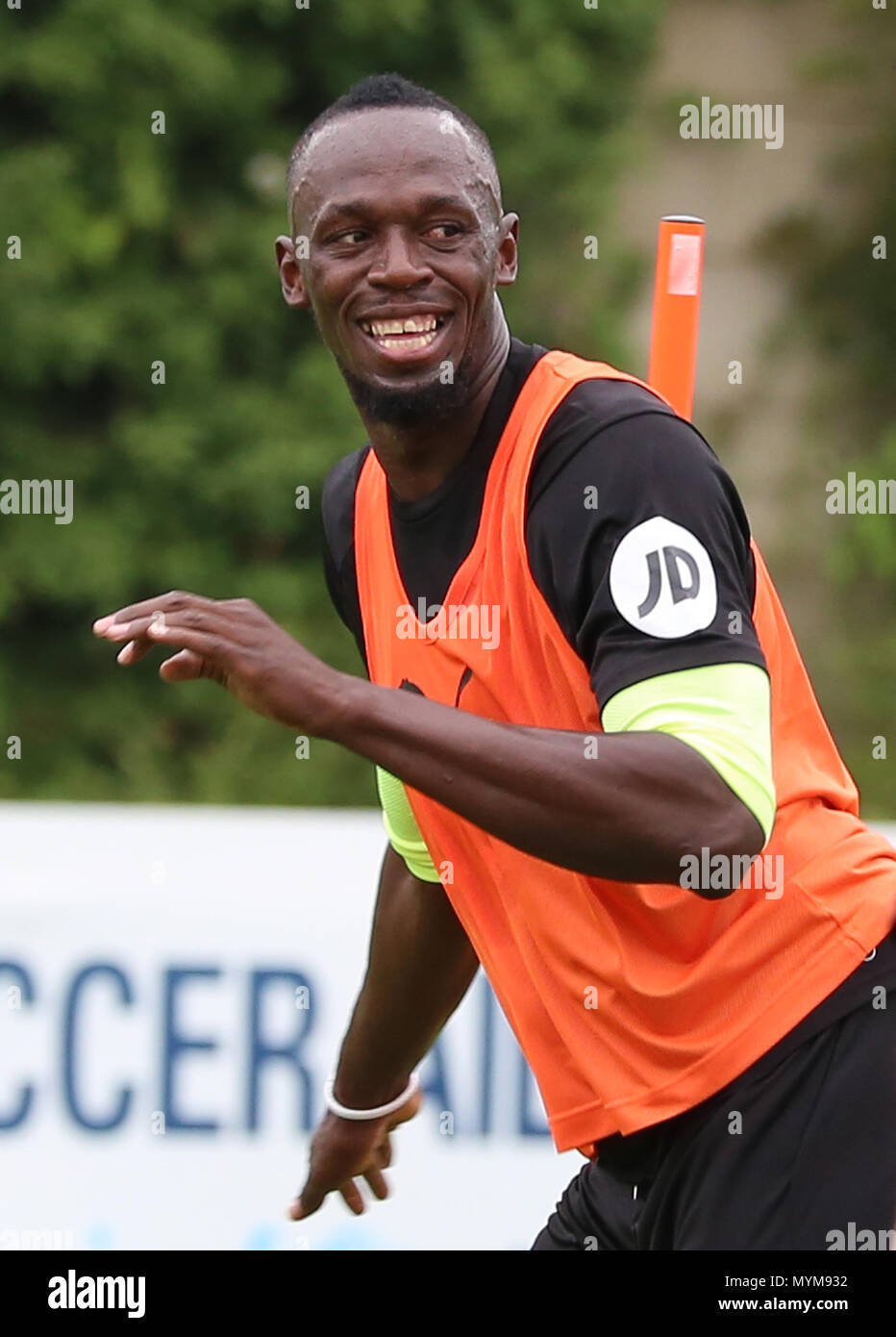 Usain Bolt during the World XI team's training session for Soccer Aid ...