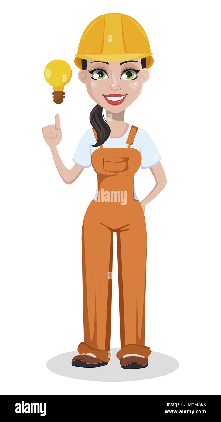 Beautiful female builder in uniform, cartoon character. Professional ...