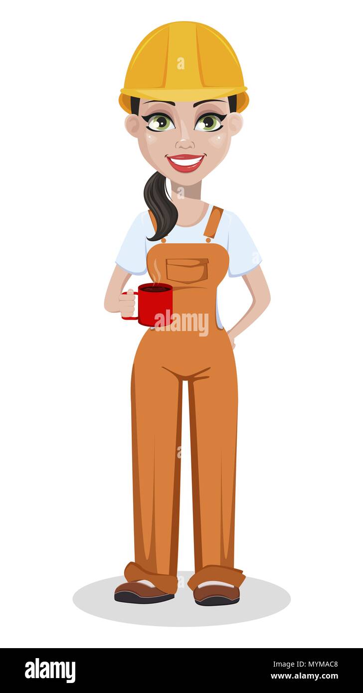 Beautiful female builder in uniform, cartoon character. Professional ...