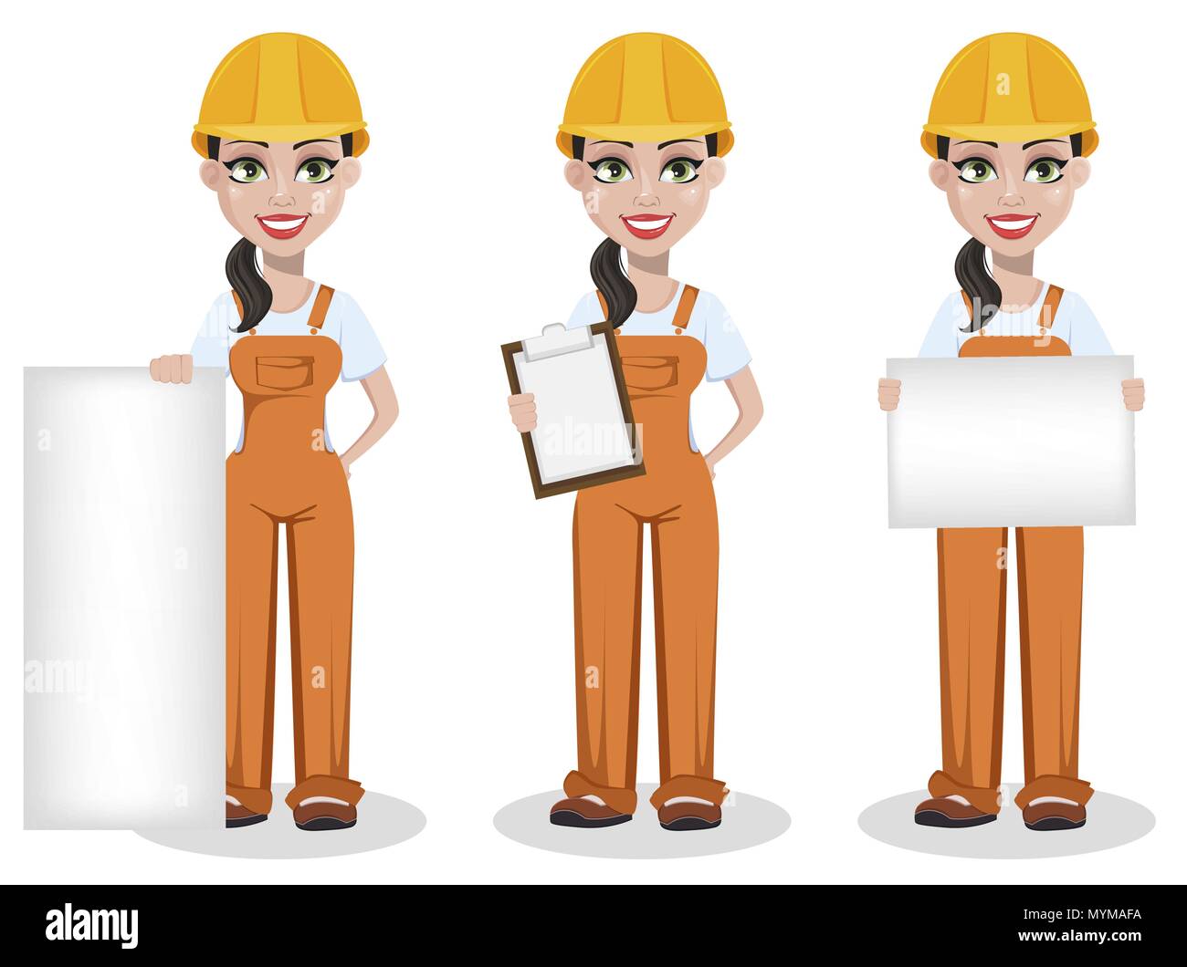 Beautiful female builder in uniform, cartoon character set ...