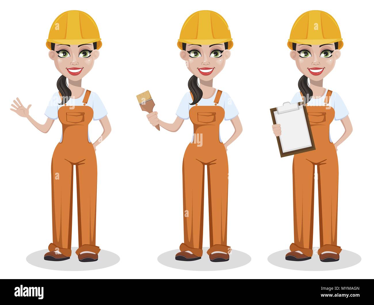 Beautiful female builder in uniform, cartoon character set ...