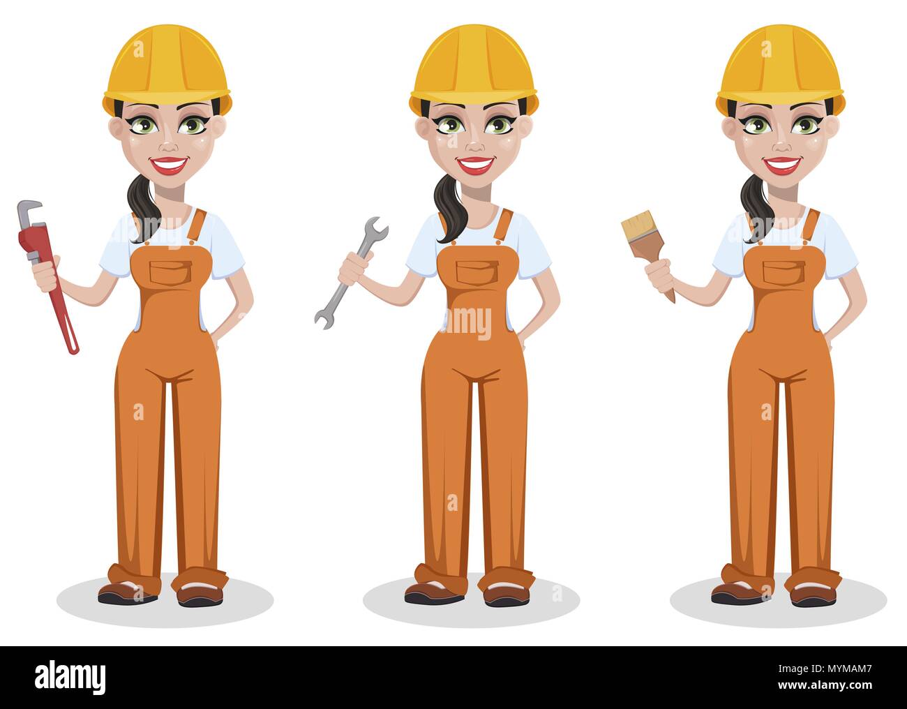Beautiful female builder in uniform, cartoon character set ...
