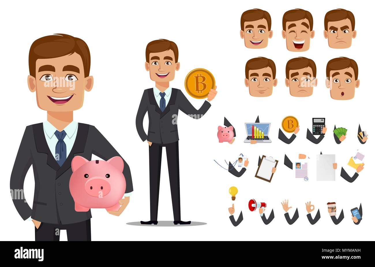 Handsome banker in business suit. Cheerful cartoon character, set ...
