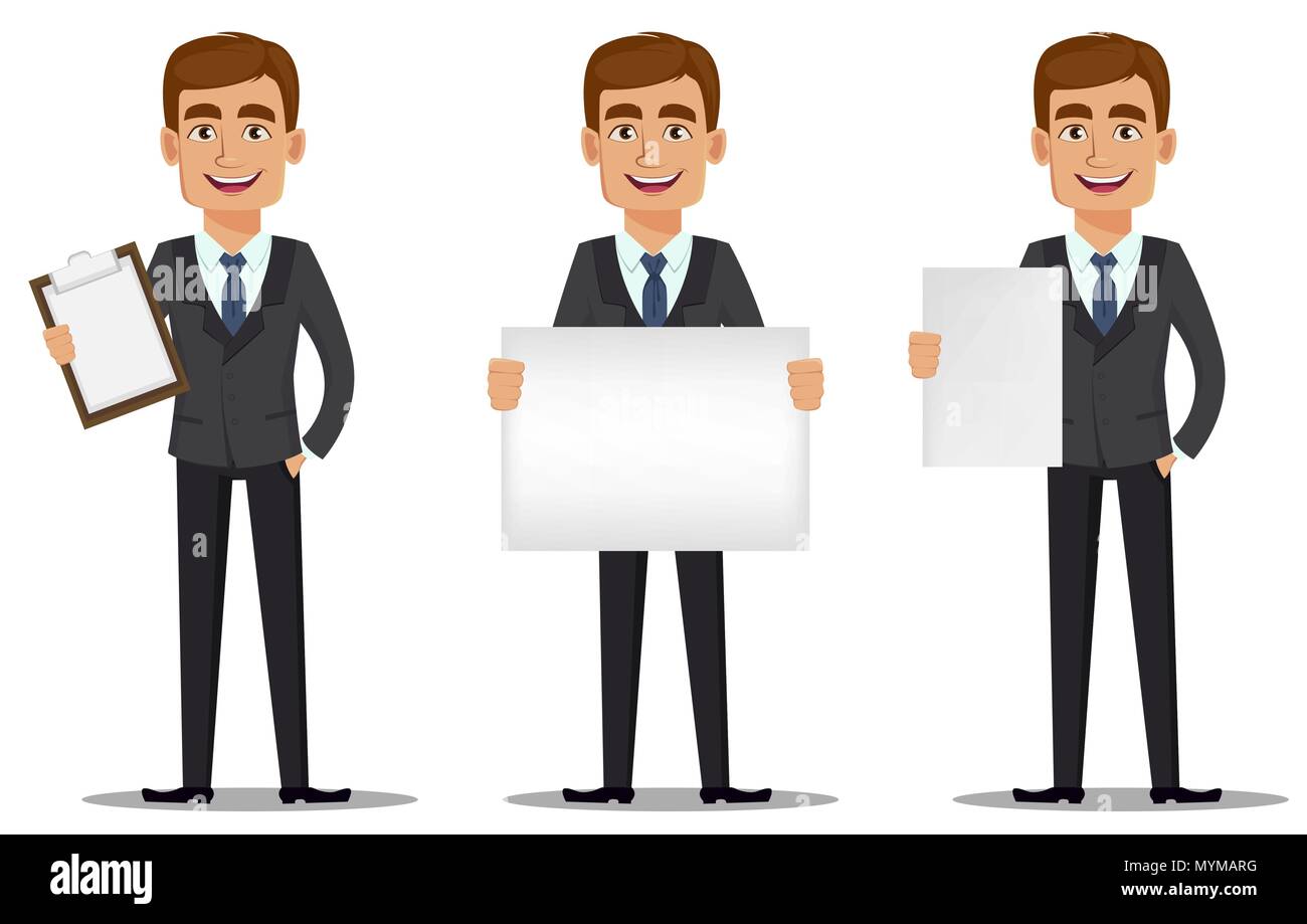 Handsome banker in business suit, set. Cheerful cartoon character ...