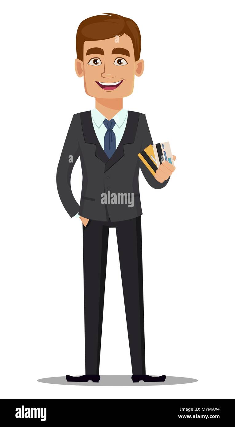Handsome banker in business suit. Cheerful cartoon character holding ...