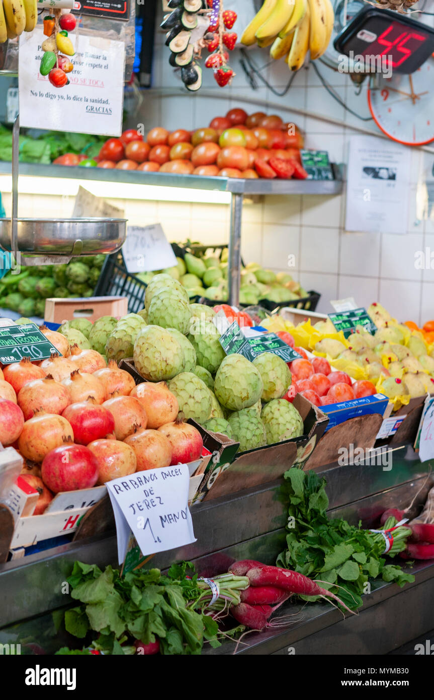 A colourful selection of fruit and vegetables on a Spanish food stall ...