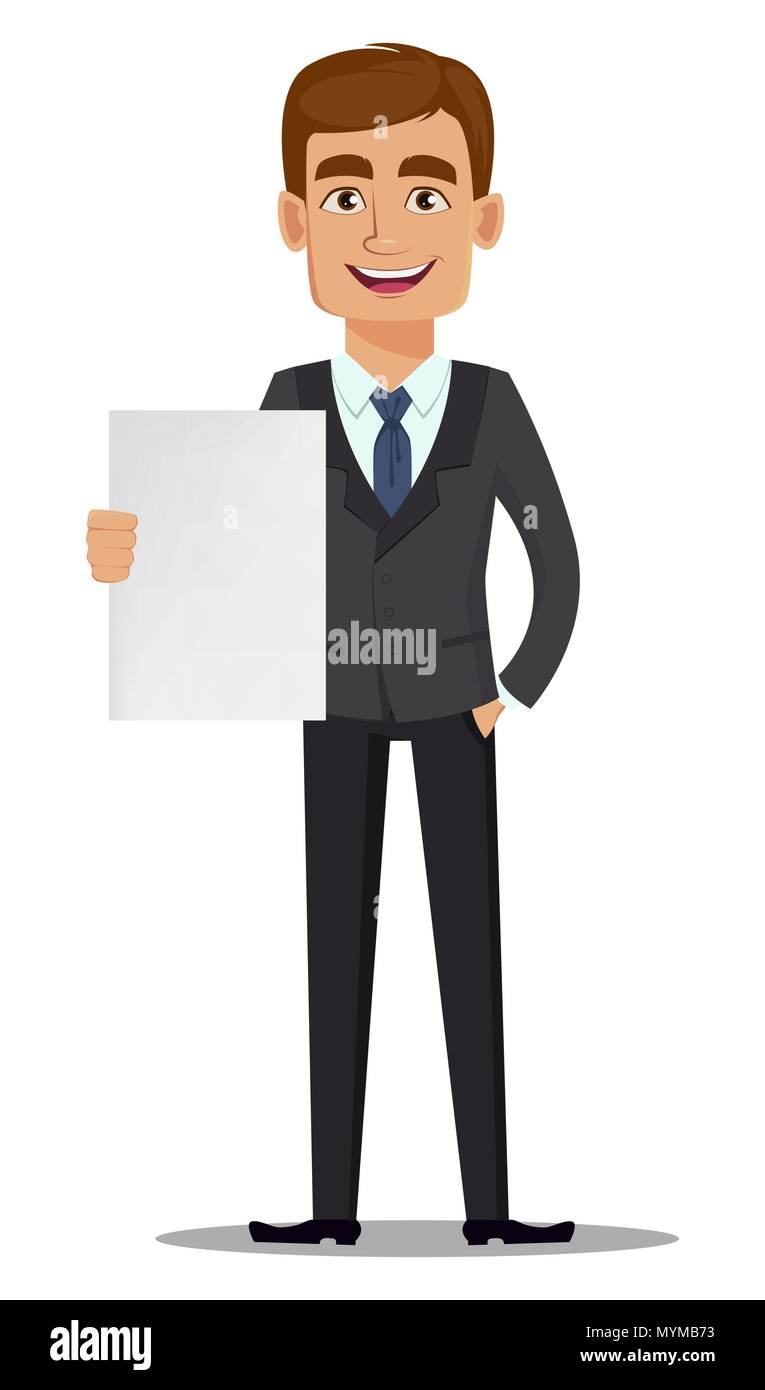 Handsome banker in business suit. Cheerful cartoon character holding ...