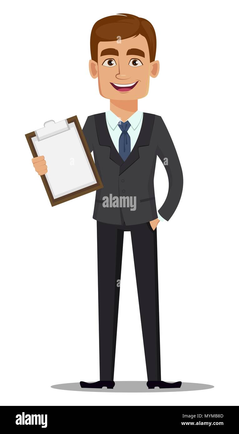 Handsome banker in business suit. Cheerful cartoon character holding ...