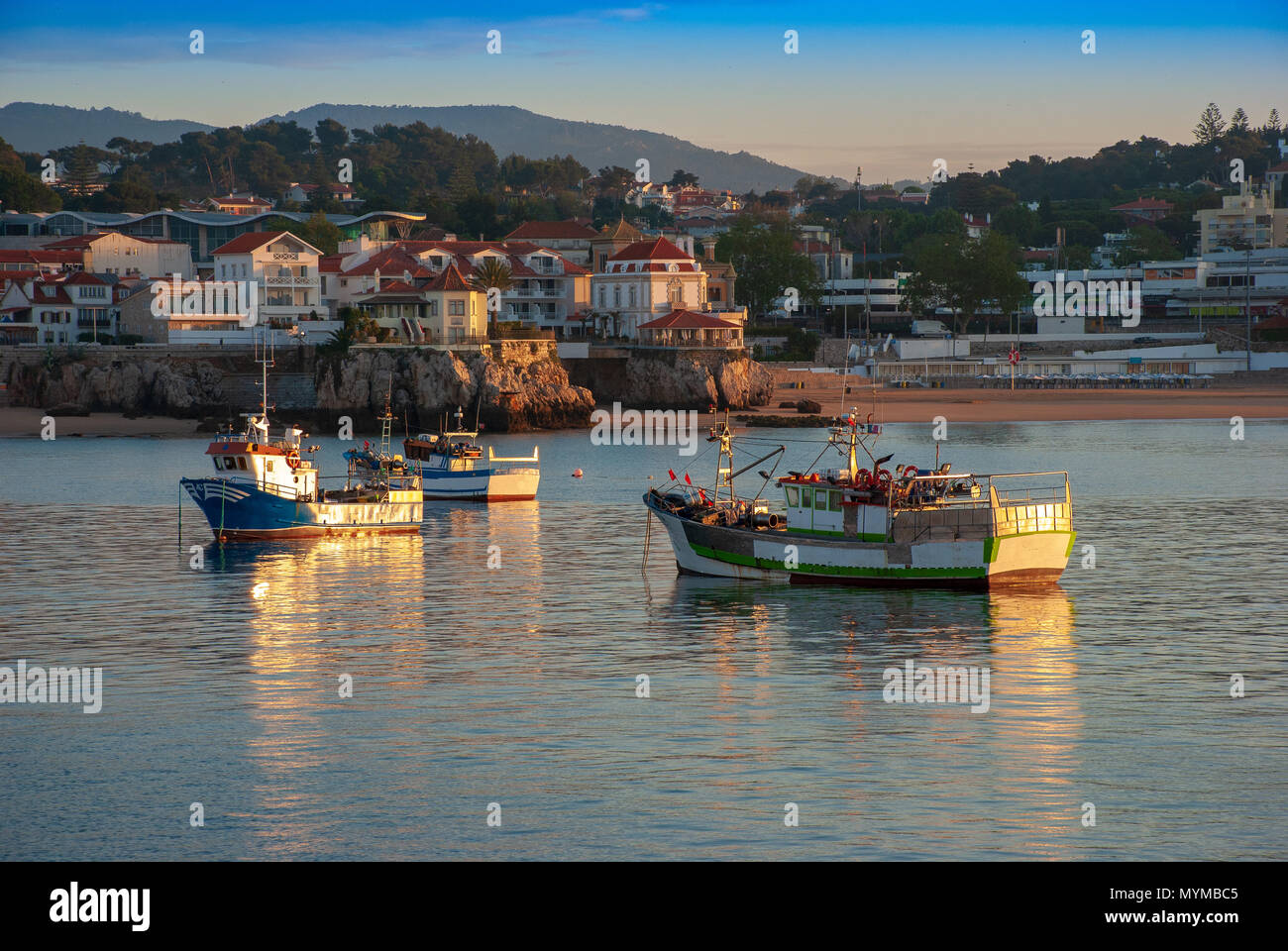 Fishing boats at anchor Lisbon Cascais historical harbour. June 2018 ...