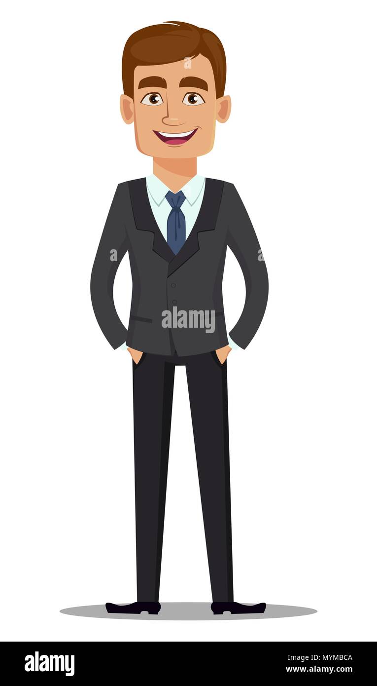 Handsome banker in business suit. Cheerful cartoon character standing ...