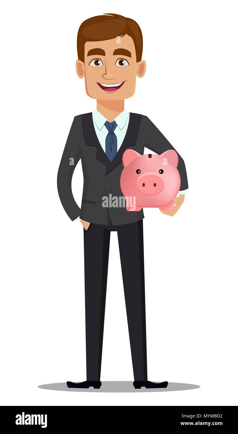 Handsome banker in business suit. Cheerful cartoon character holding ...