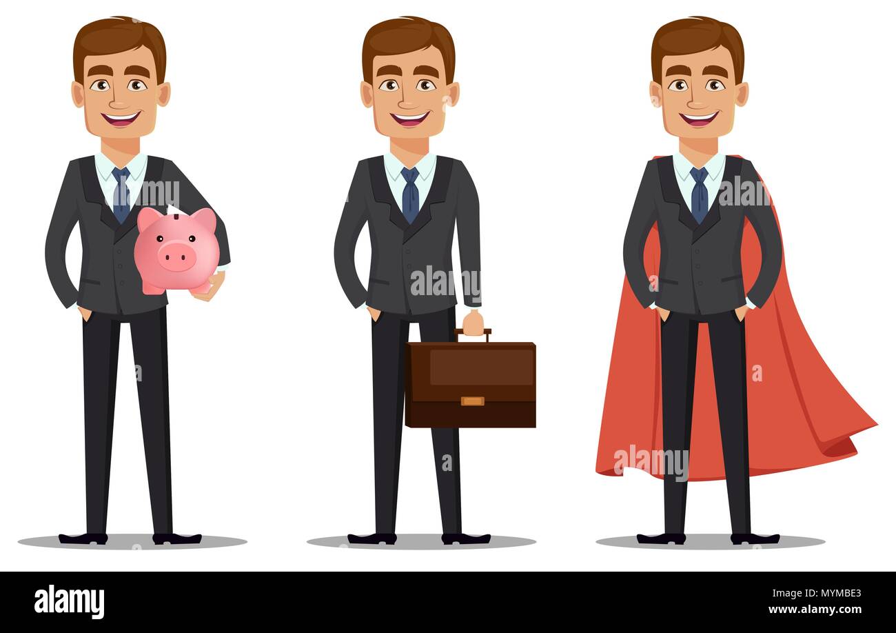 Handsome banker in business suit, set. Cheerful cartoon character ...