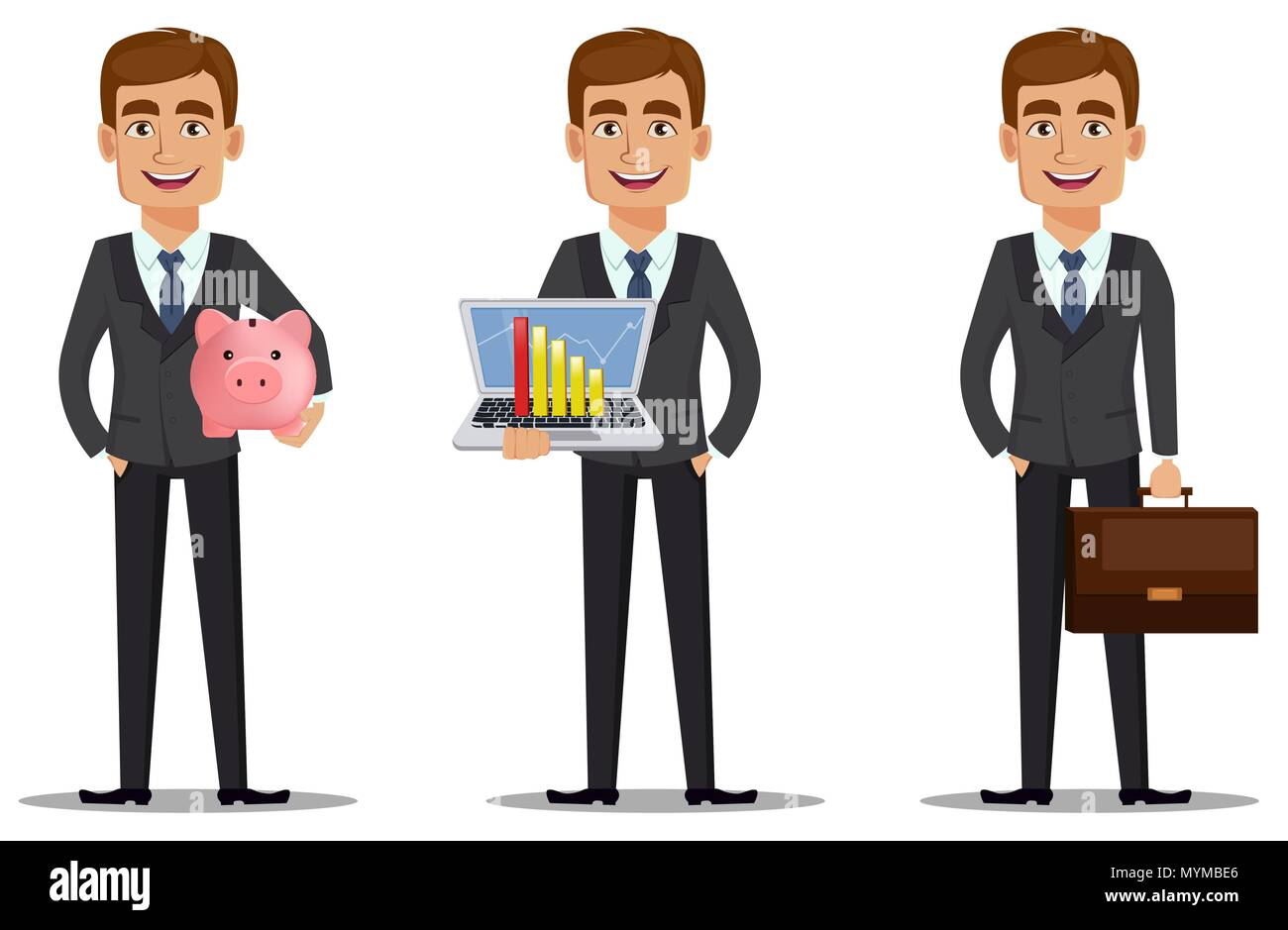 Handsome banker in business suit, set. Cheerful cartoon character ...