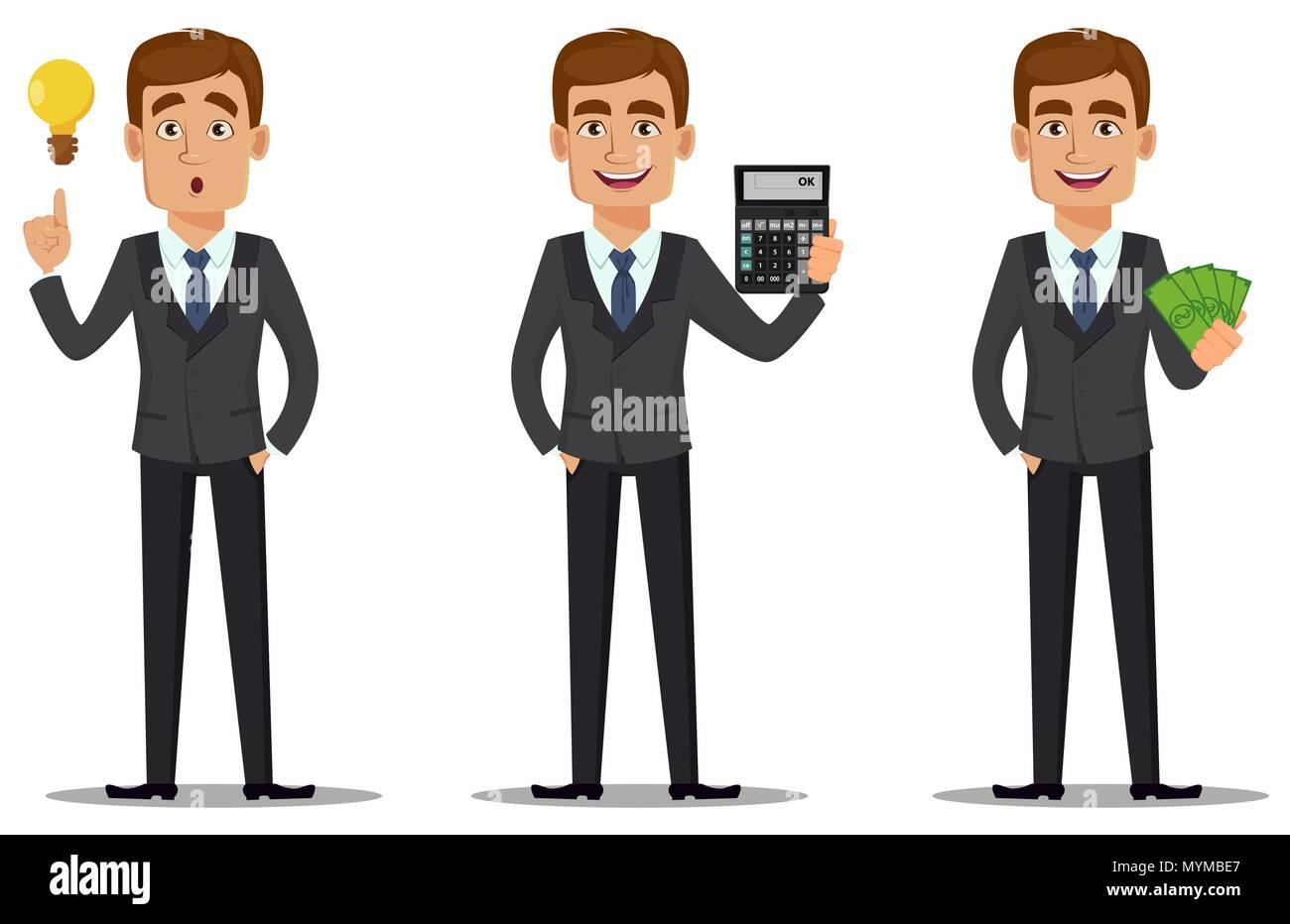 Handsome banker in business suit, set. Cheerful cartoon character ...