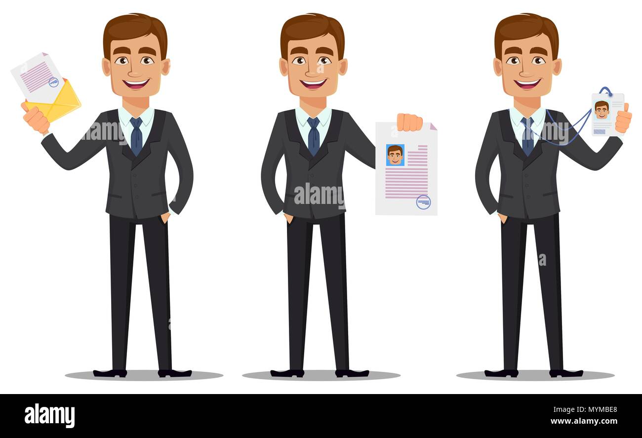Handsome banker in business suit, set. Cheerful cartoon character ...