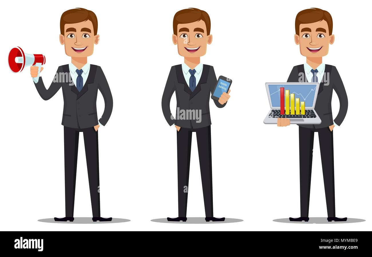Handsome banker in business suit, set. Cheerful cartoon character ...