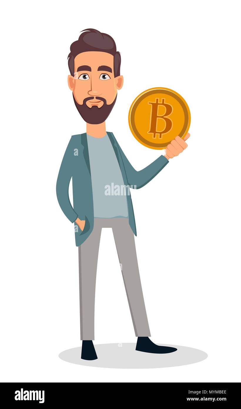 Businessman cartoon character holding golden bitcoin. Business man in ...