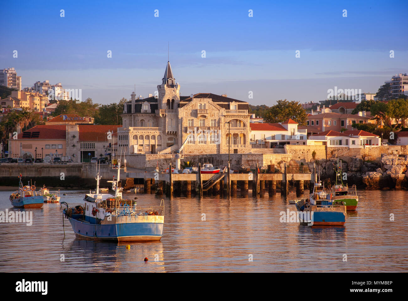 Fishing boats at anchor Lisbon Cascais historical harbour. June 2018 ...