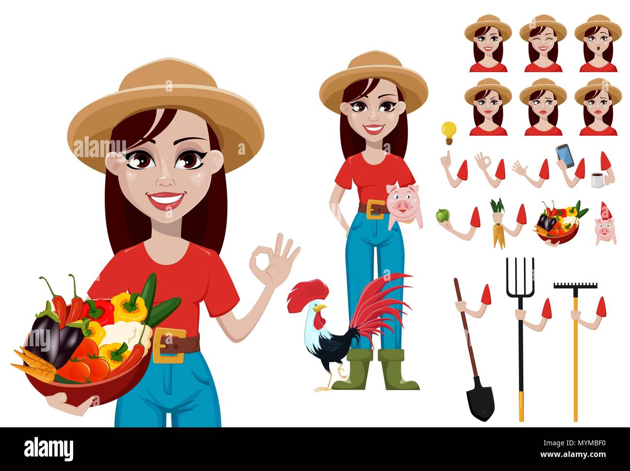 Woman farmer cartoon character creation set. Pretty female gardener ...