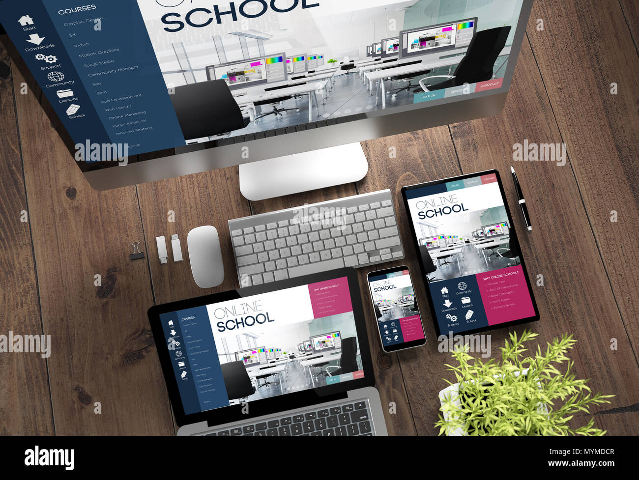 3d rendering top view of devices with online school on screen on wooden desktop Stock Photo - Alamy