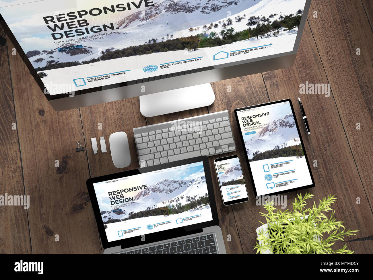 3d rendering top view of devices with responsive website on screen on ...