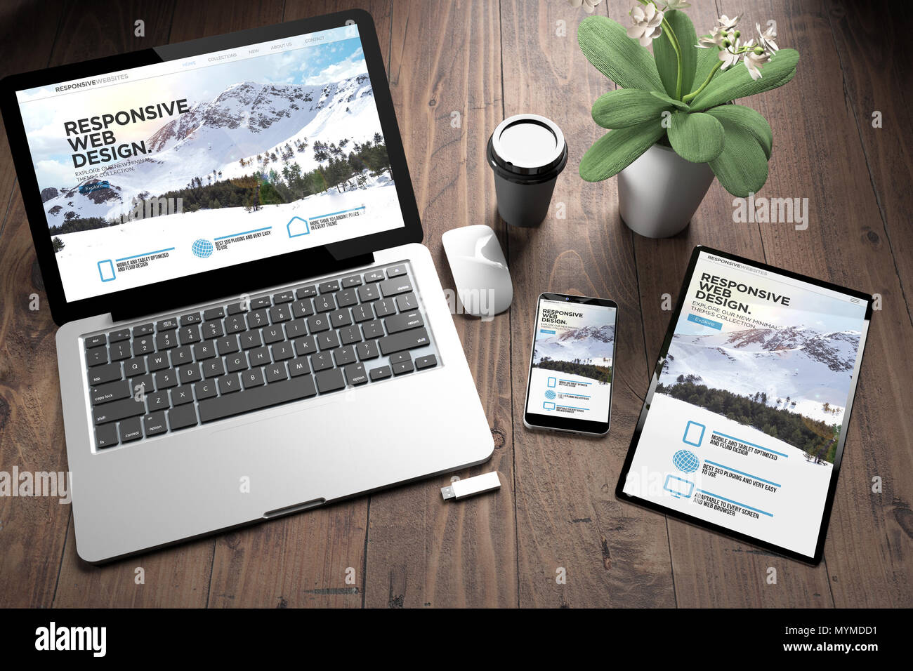 3d rendering of three devices with responsive website on screen on ...