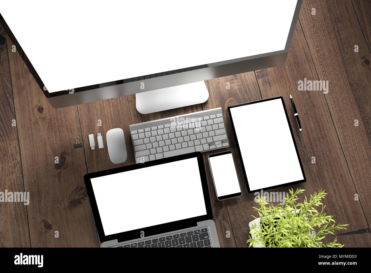 3d rendering top view of devices with white screen on wooden desktop ...