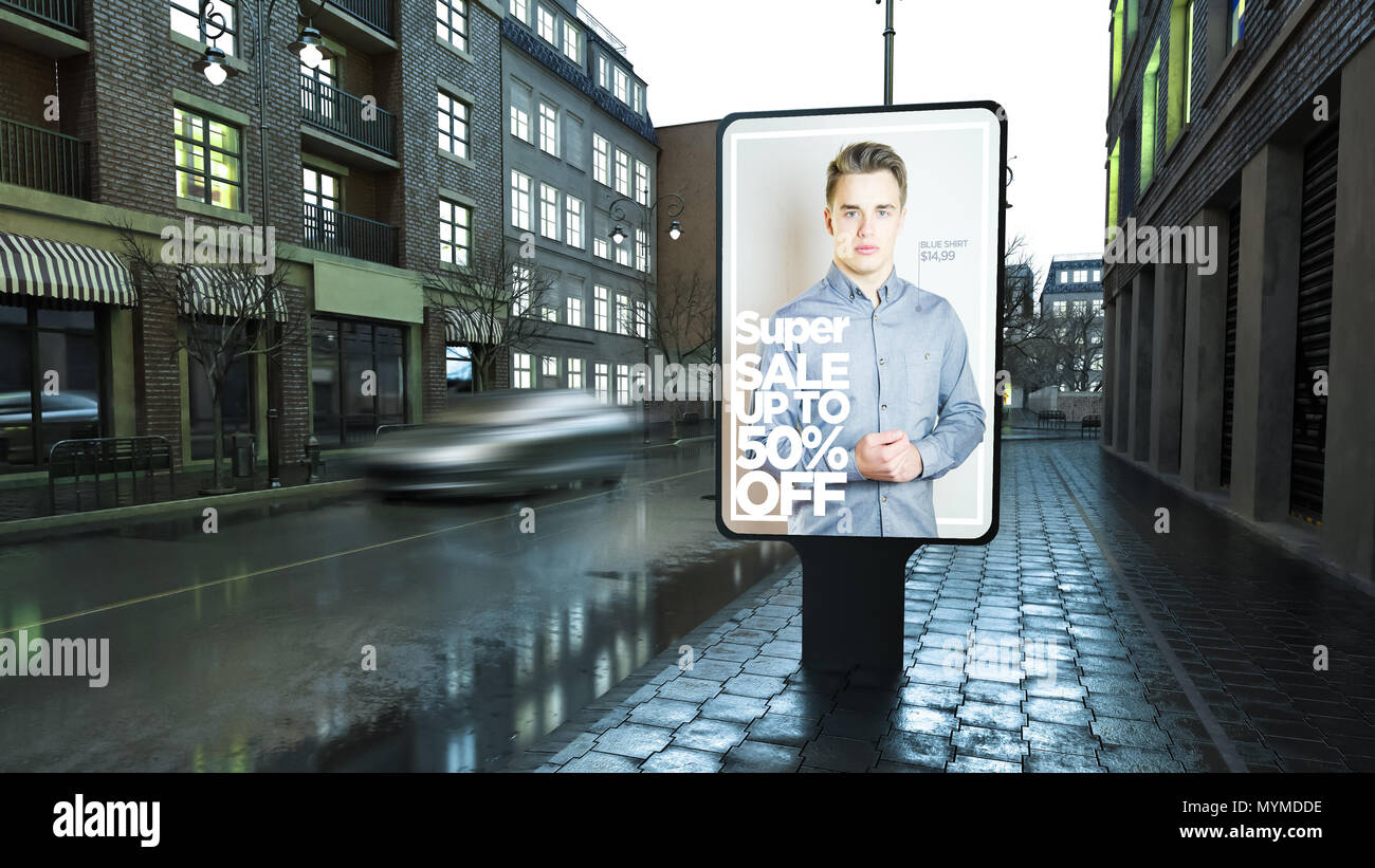 Fashion advertising billboard on city street at evening 3d rendering ...