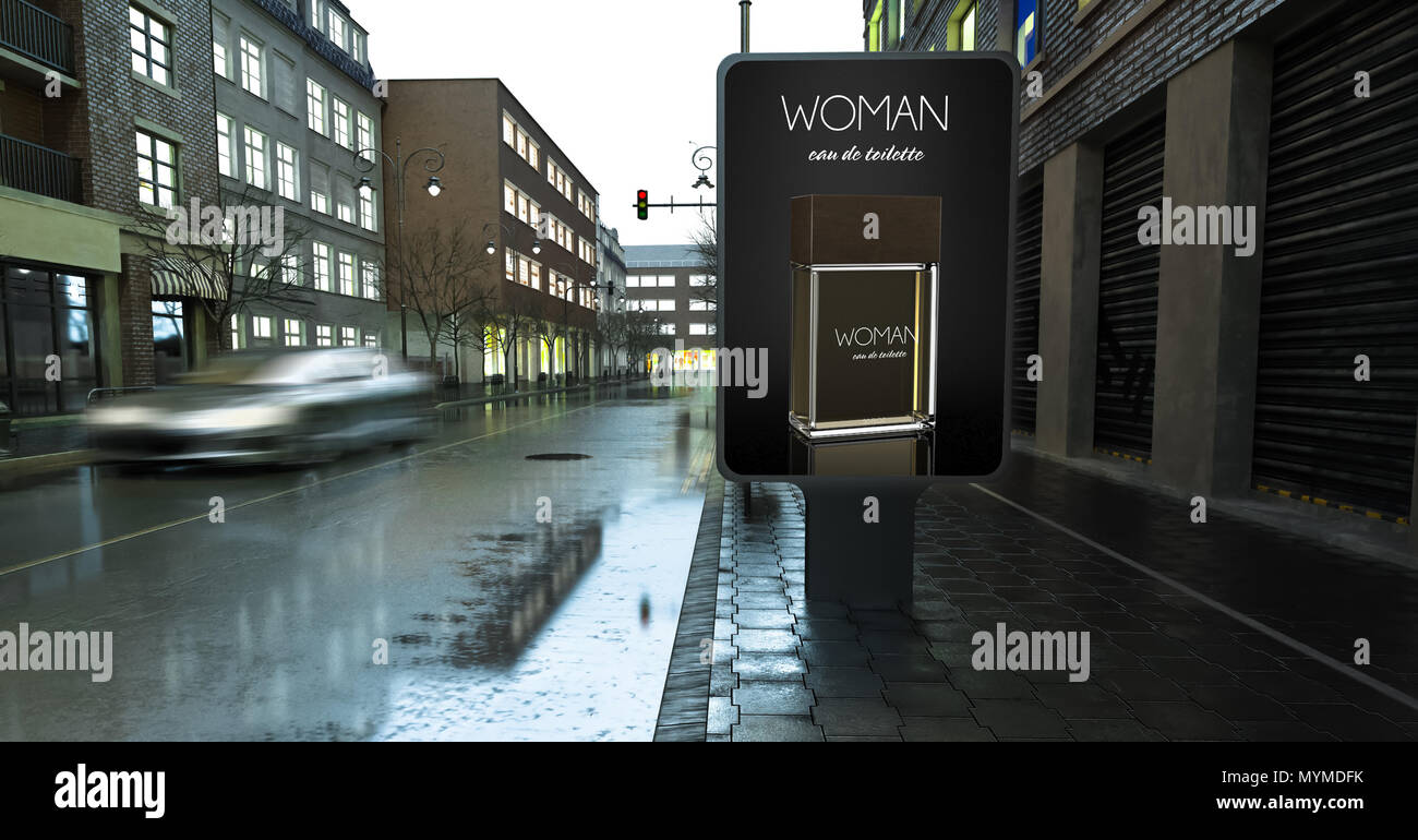perfume poster billboard mockup on evening street 3d rendering Stock ...