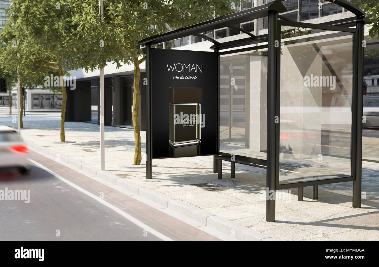 bus stop perfume advertisement billboard 3d rendering Stock Photo - Alamy