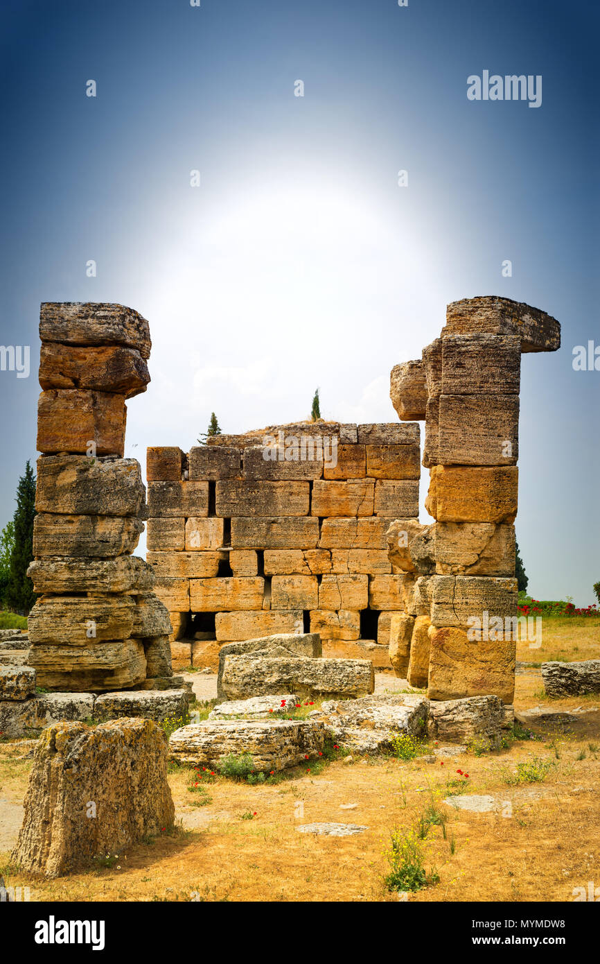 Detail of ancient ruined stone buildings at Hierapolis, a Greek spa ...