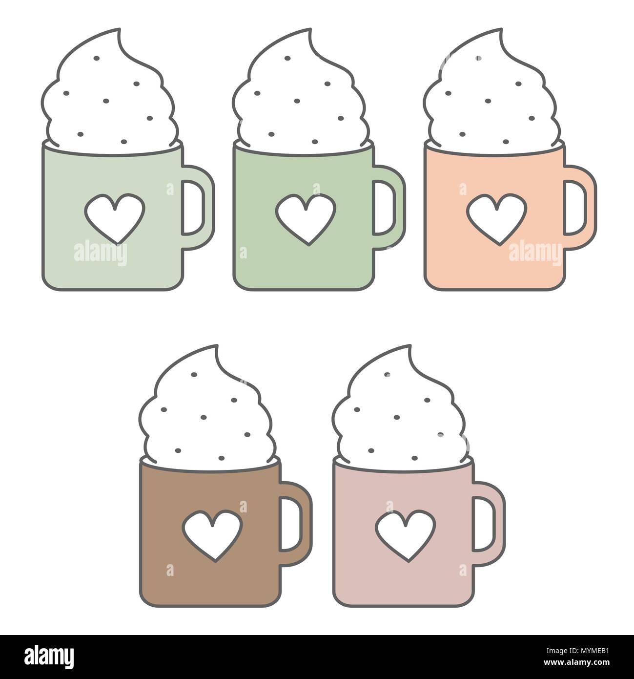 cute lovely cartoon vector set of cozy cups with heart and whipped ...