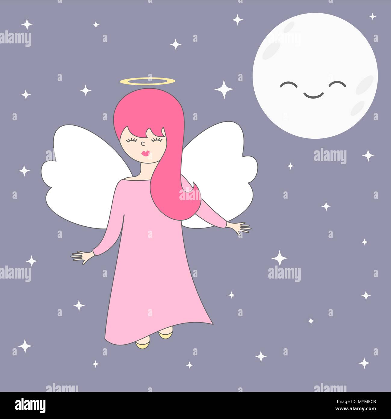 cute lovely cartoon vector angel in the sky with moon and stars Stock ...