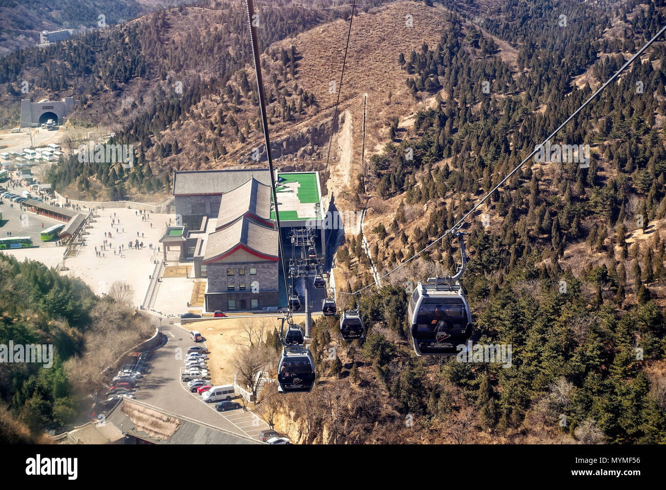 BADALING, CHINA - MARCH 13, 2016: Great Wall of China. A cable car ...